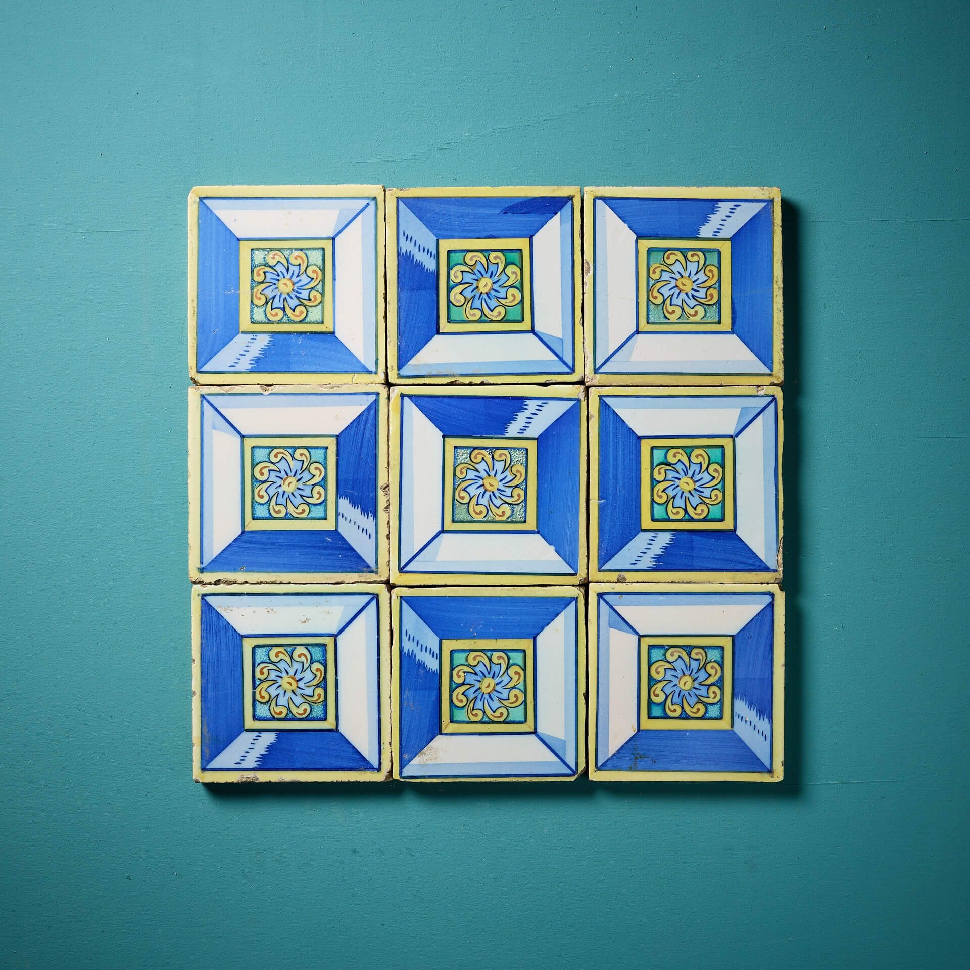 Set of 9 Reclaimed Geometric Polychrome Tiles | UK Architectural Heritage