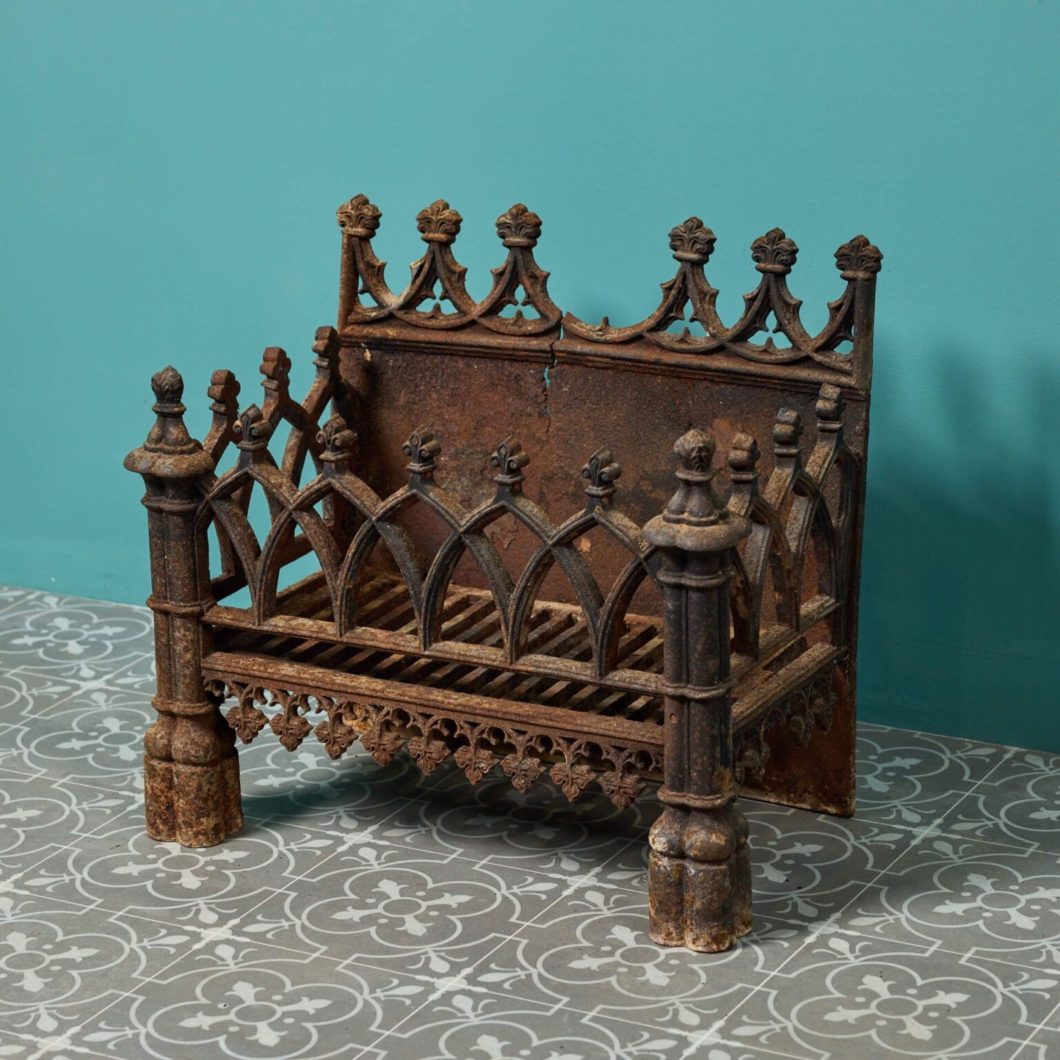 Gothic Revival Antique Cast Iron Fire Grate - UK Architectural Heritage