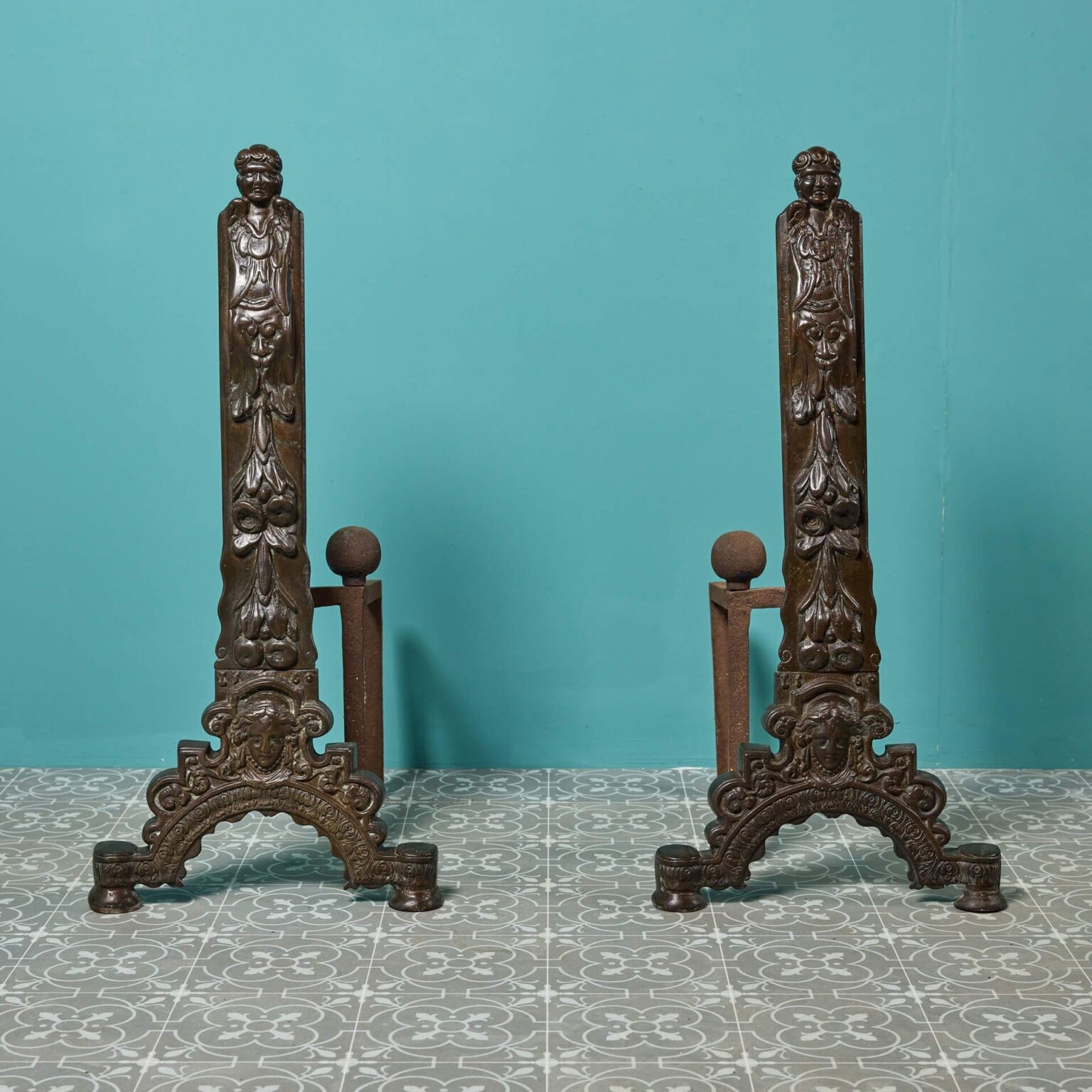 Set of Cast Bronze Baroque Style Antique Fire Dogs - UK Architectural ...