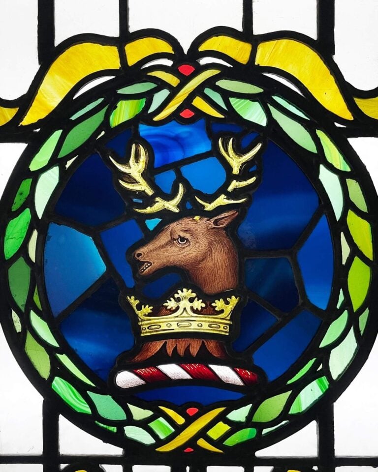 Large Antique Stained Glass Window with Stag Crest - UK Architectural ...