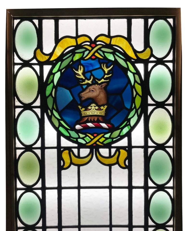 Large Antique Stained Glass Window with Stag Crest - UK Architectural ...