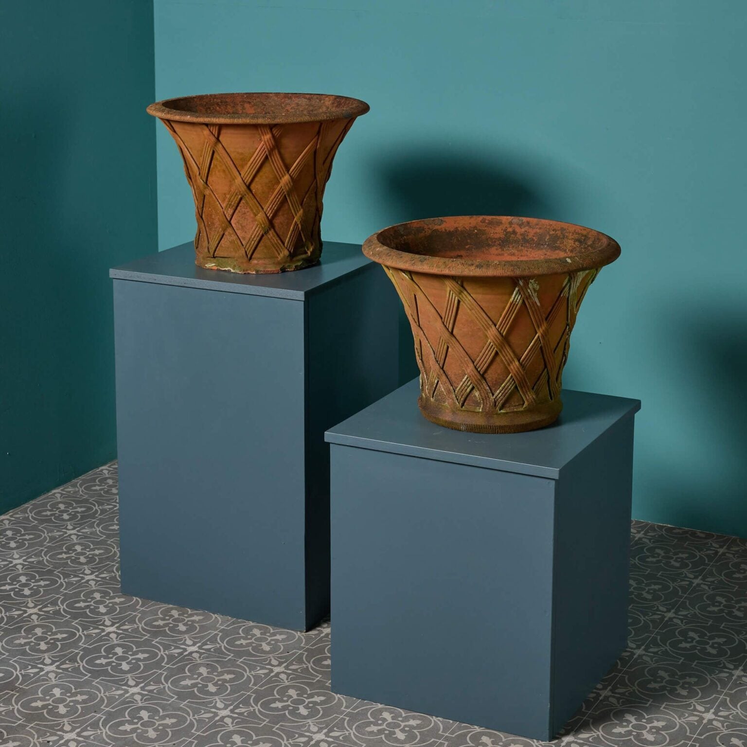Two Reclaimed Red Terracotta Lattice Plant Pots - UK Architectural Heritage