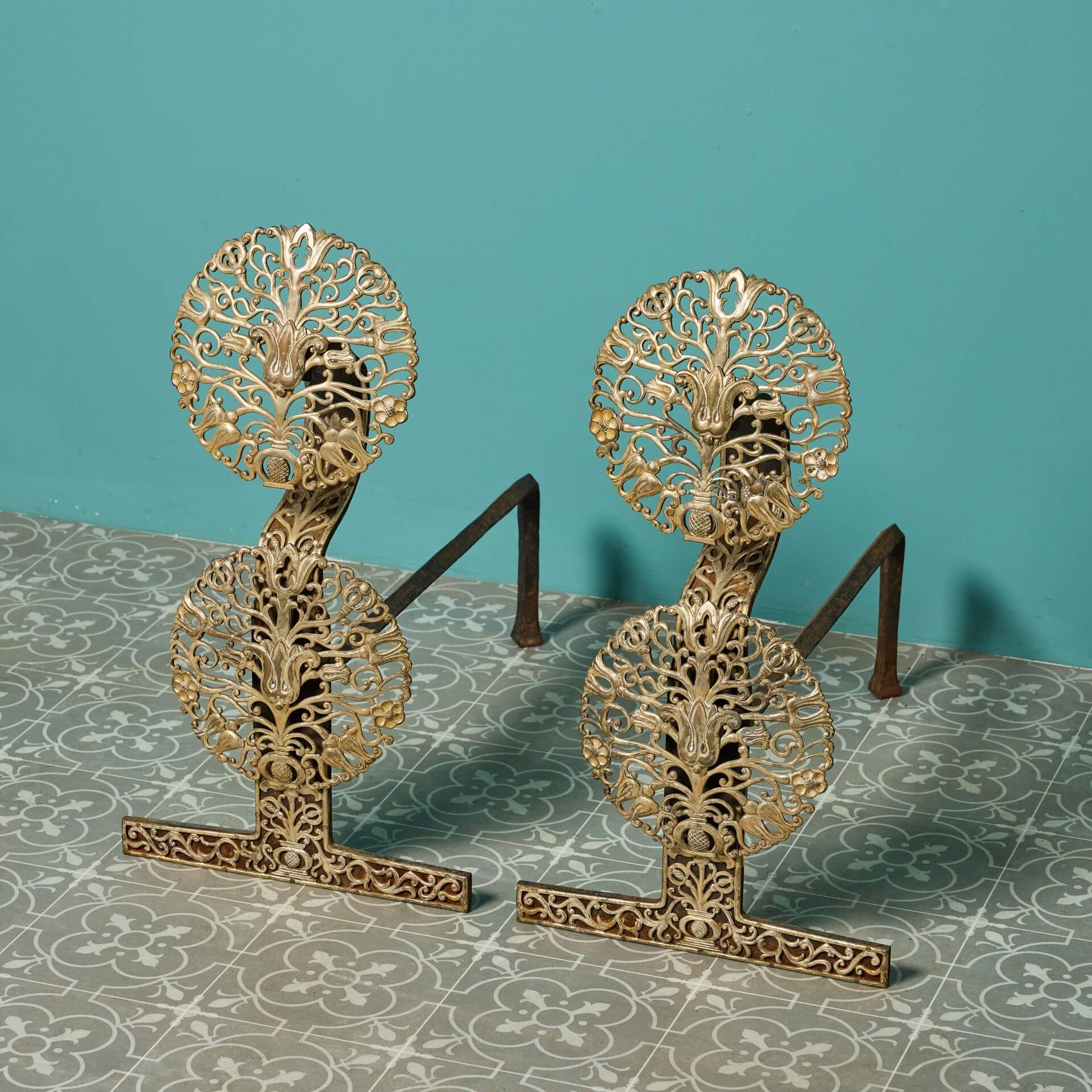 Set of English 19th Century Brass Fire Dogs in the Style of Ernest ...