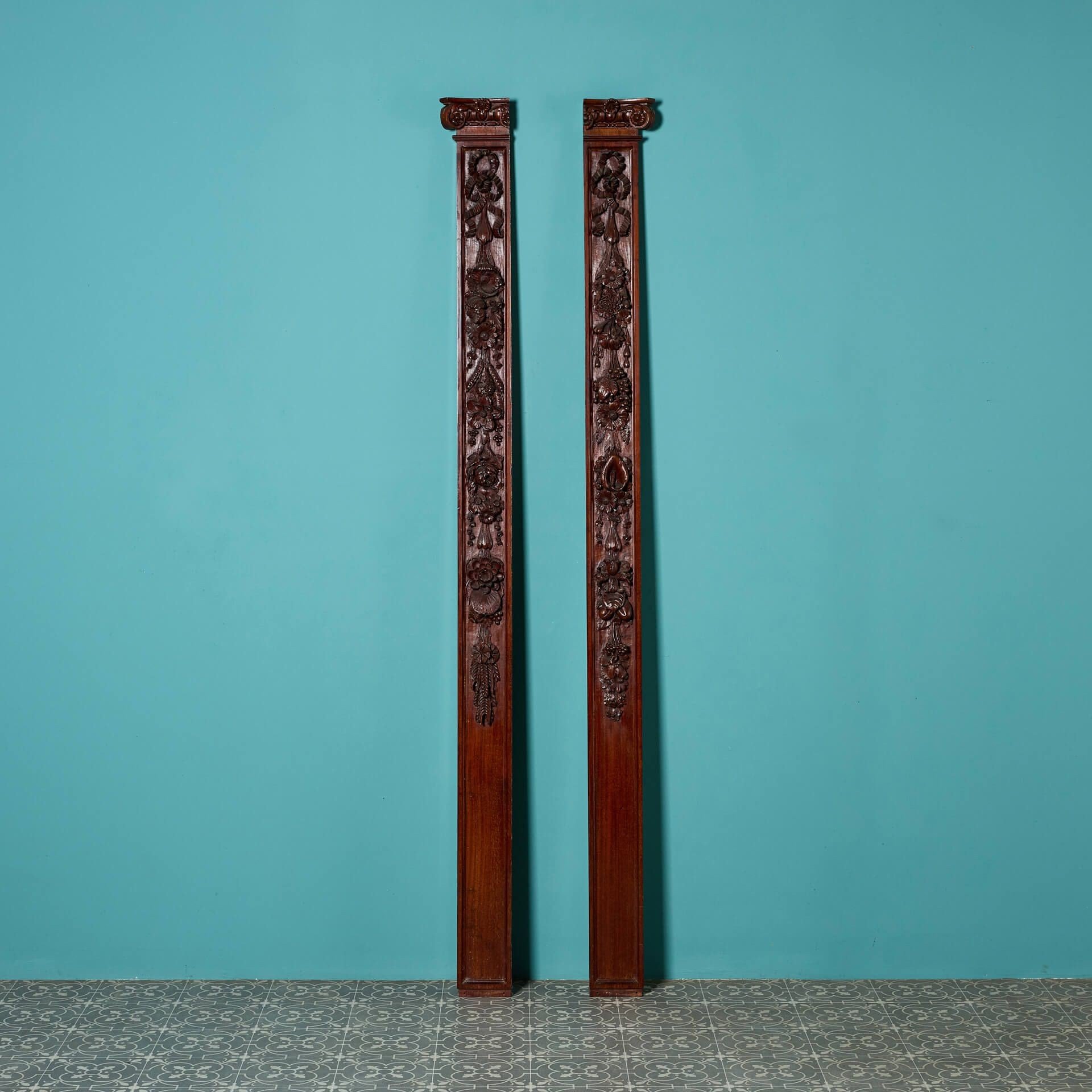 Two Antique Carved Mahogany Pilasters | UK Architectural Heritage