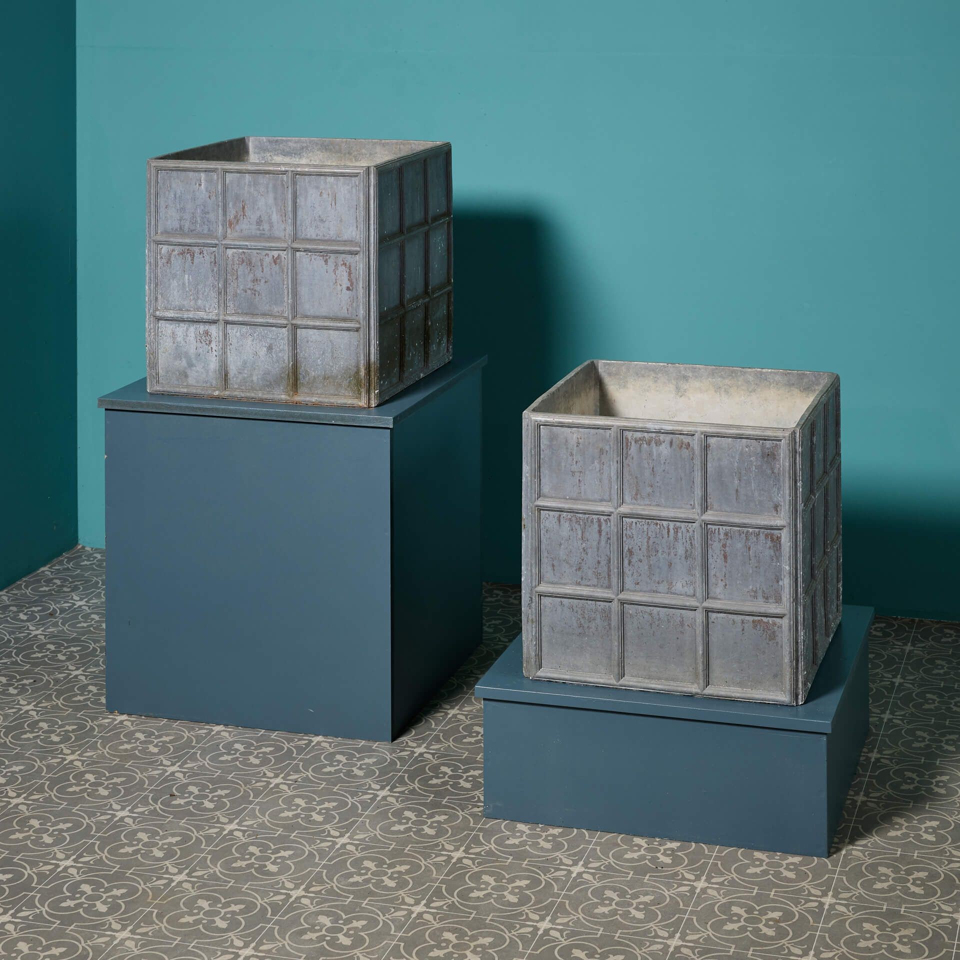 Pair of Reclaimed Lead Cube Planters | UK Architectural Heritage