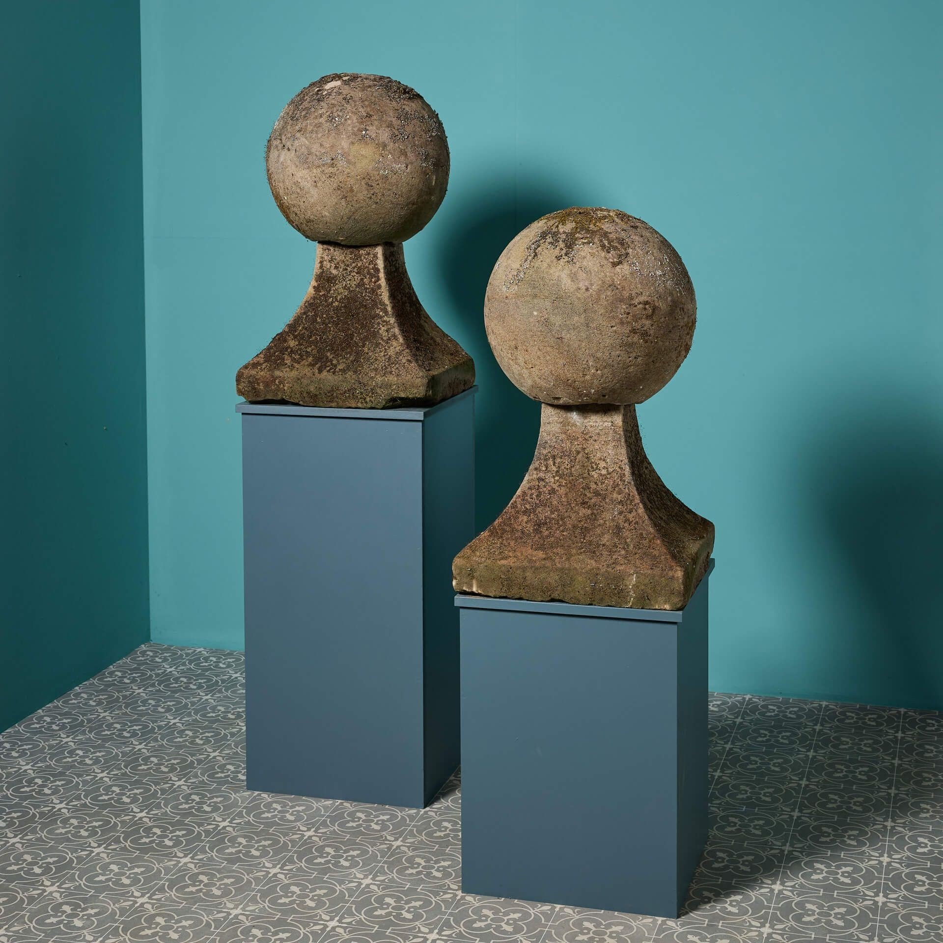 Pair of Antique Weathered Sandstone Ball Pier Caps | UK Architectural Heritage