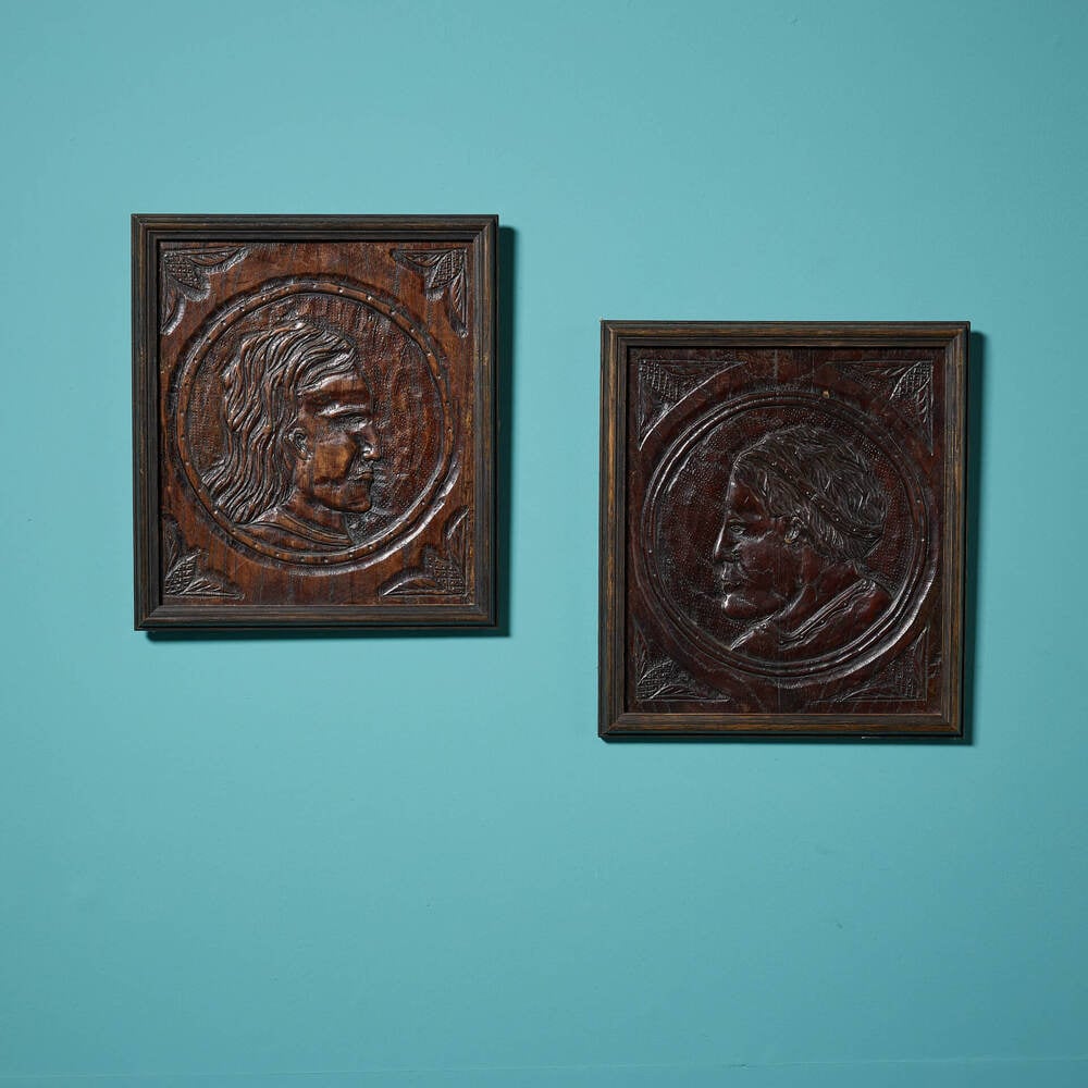 Two Antique French Medieval Style Carved Oak Portrait Panels | UK ...