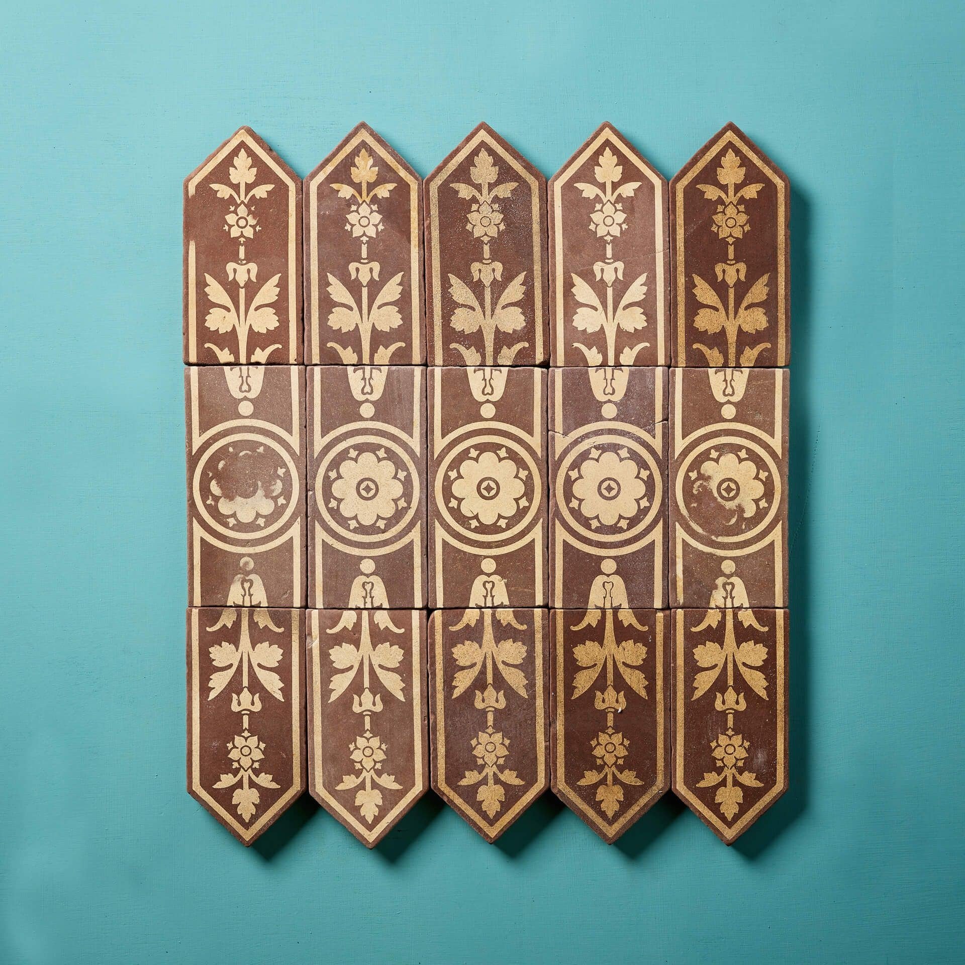 Set of 15 Reclaimed Buff & Brown Encaustic Tiles by Campbell Tile Co ...