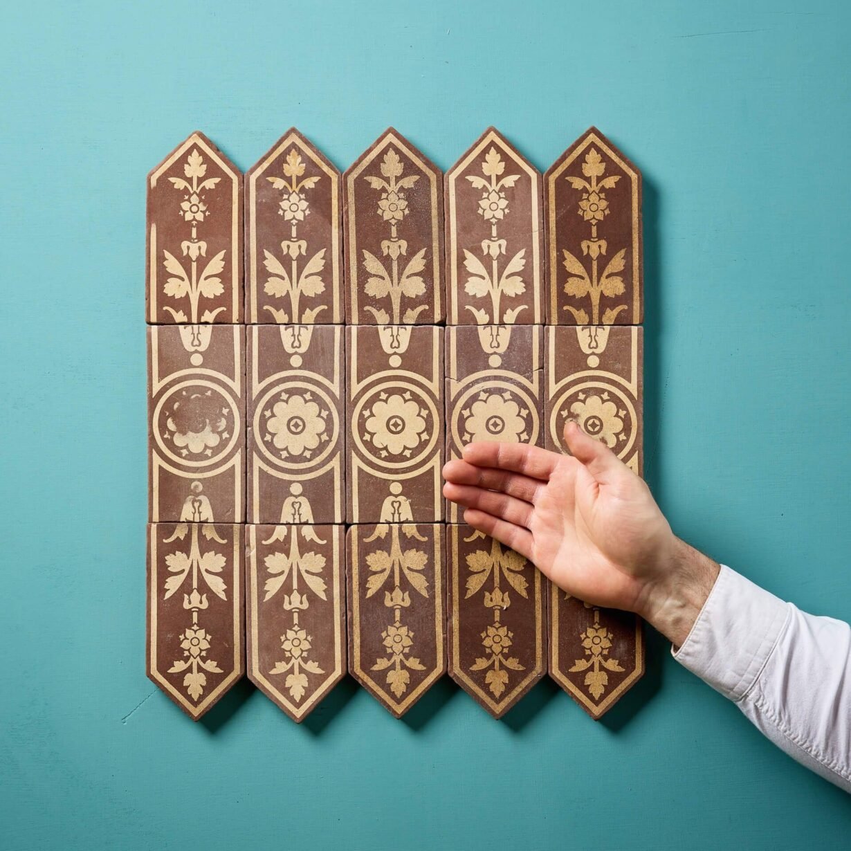 Set of 15 Reclaimed Buff & Brown Encaustic Tiles by Campbell Tile Co ...