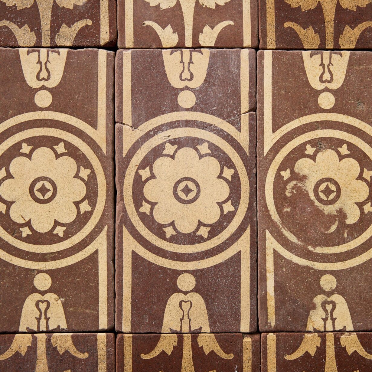 Set of 15 Reclaimed Buff & Brown Encaustic Tiles by Campbell Tile Co ...